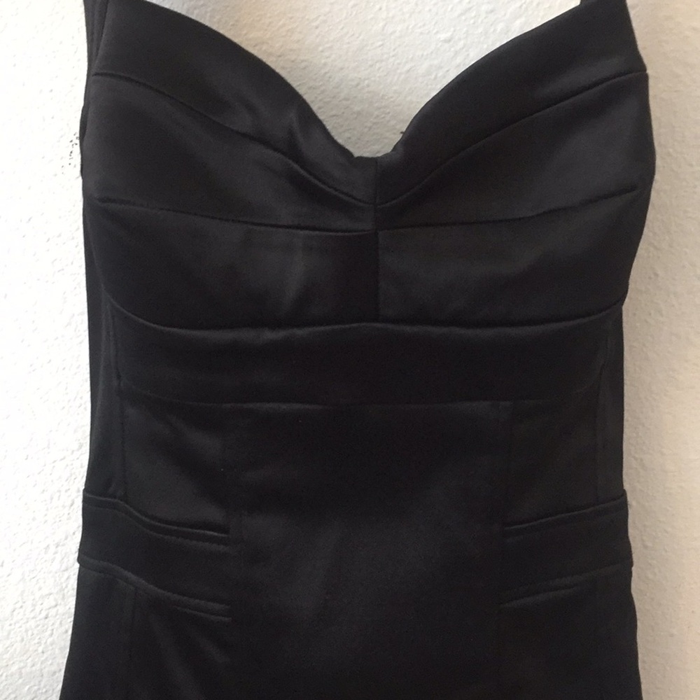 Bebe Structured, Black Satin Halter Dress - Gem